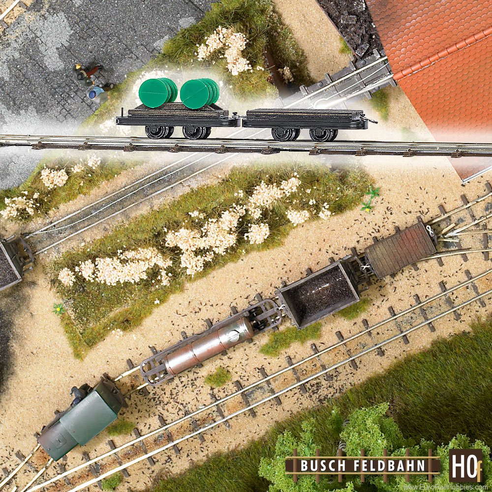 Busch 12205 HO 1 Platform Wagon and 1 Barrel Wagon