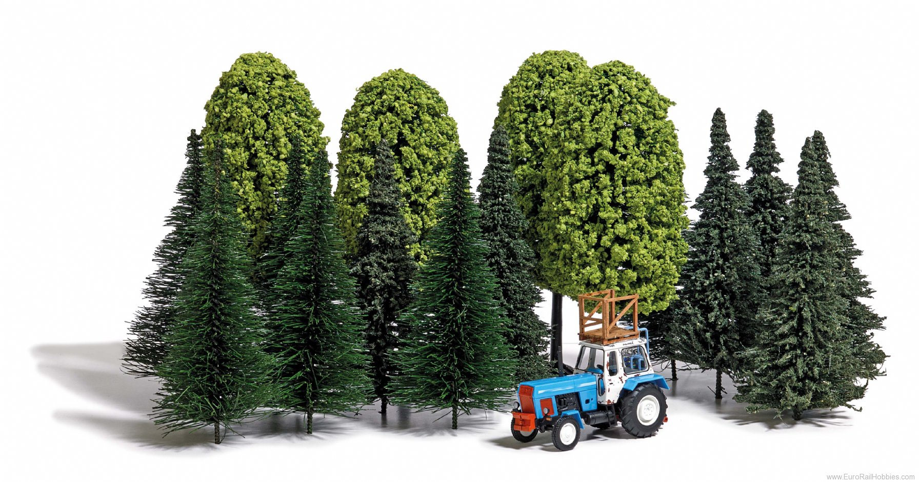 Busch 9777 HO Fir trees, deciduous trees and tractor.