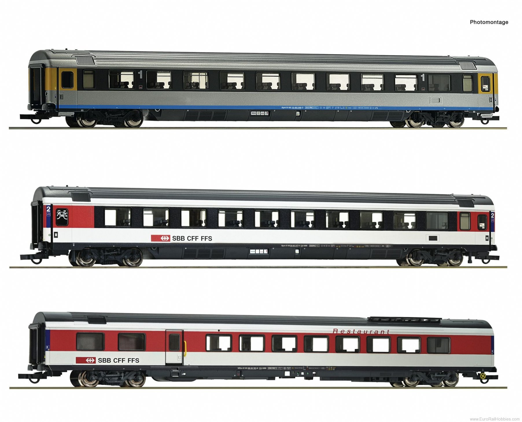 Roco 74021 HO 3 piece set (1): EuroCity coaches EC