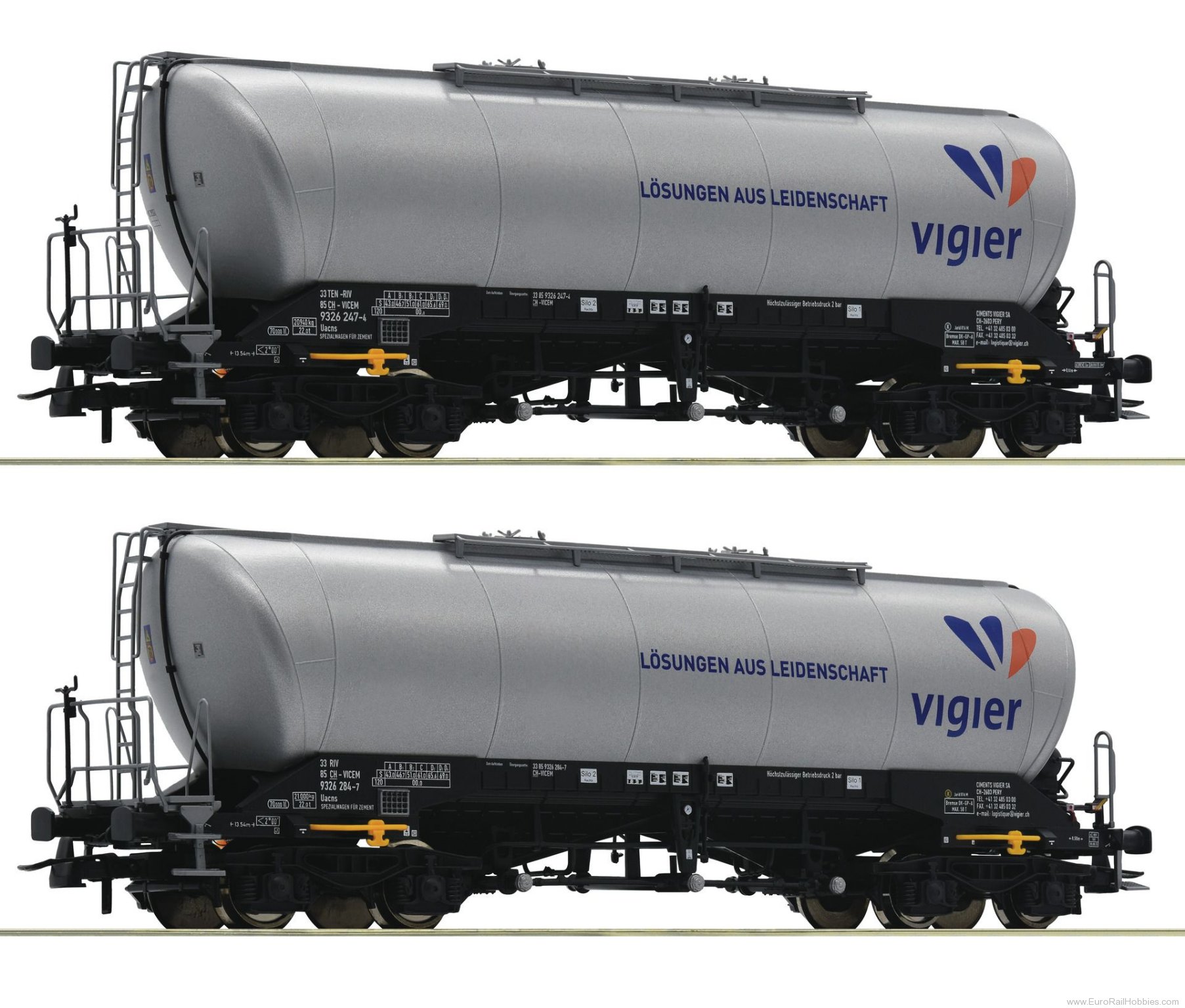 Roco 76084 HO 2 piece set: Silo wagons, Vigier Cement