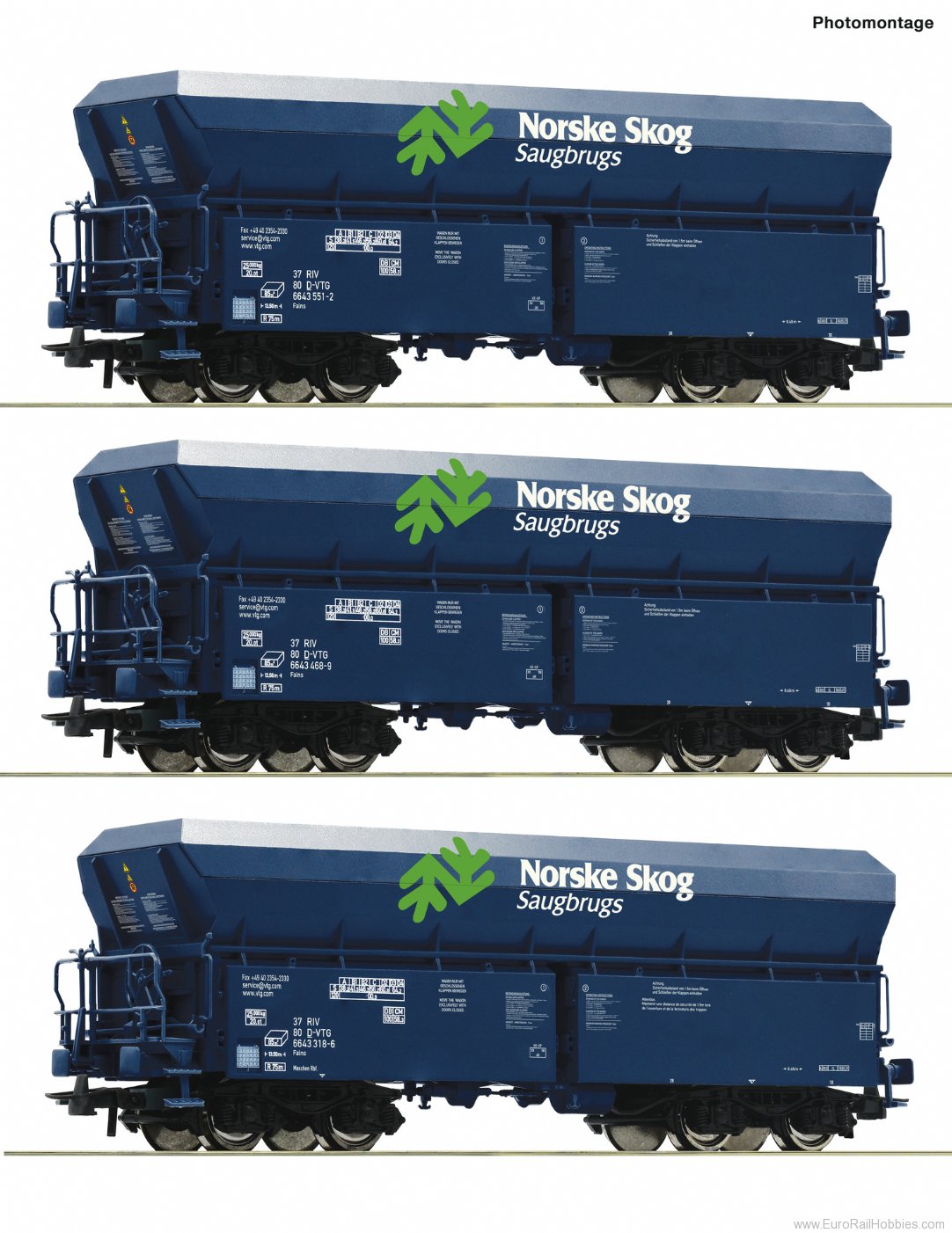 Roco 77044 HO 3-piece set: Self-unloading wagon Norske